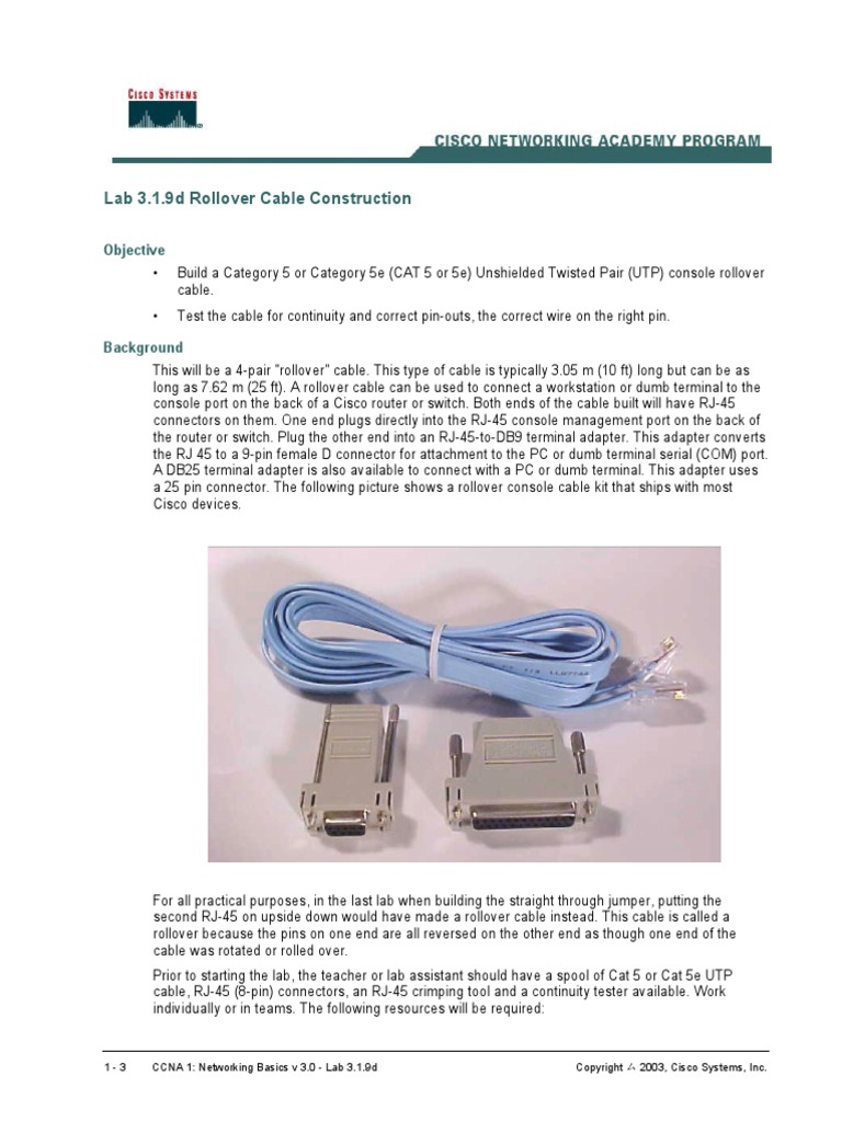 Lab 3.1.9d Rollover Cable Construction: Objective | PDF | Electrical ...