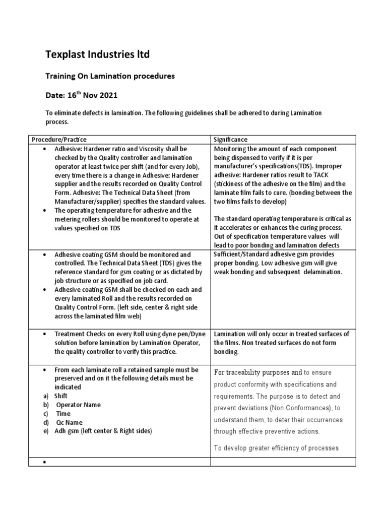 Lamination Process Guidelines for Operators | PDF | Adhesive | Epoxy