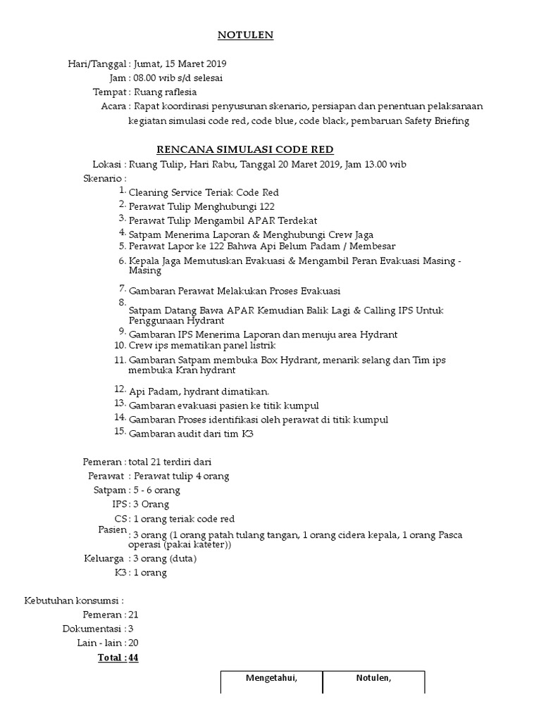 Skenario Simulasi CODE RED, CODE BLACK, Code Blue, Safety Briefing, Materi Rapat | PDF