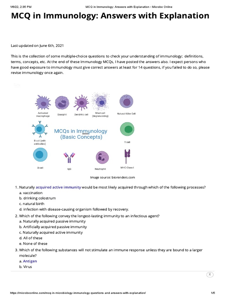 MCQ in Immunology - Answers With Explanation - Microbe Online | PDF ...