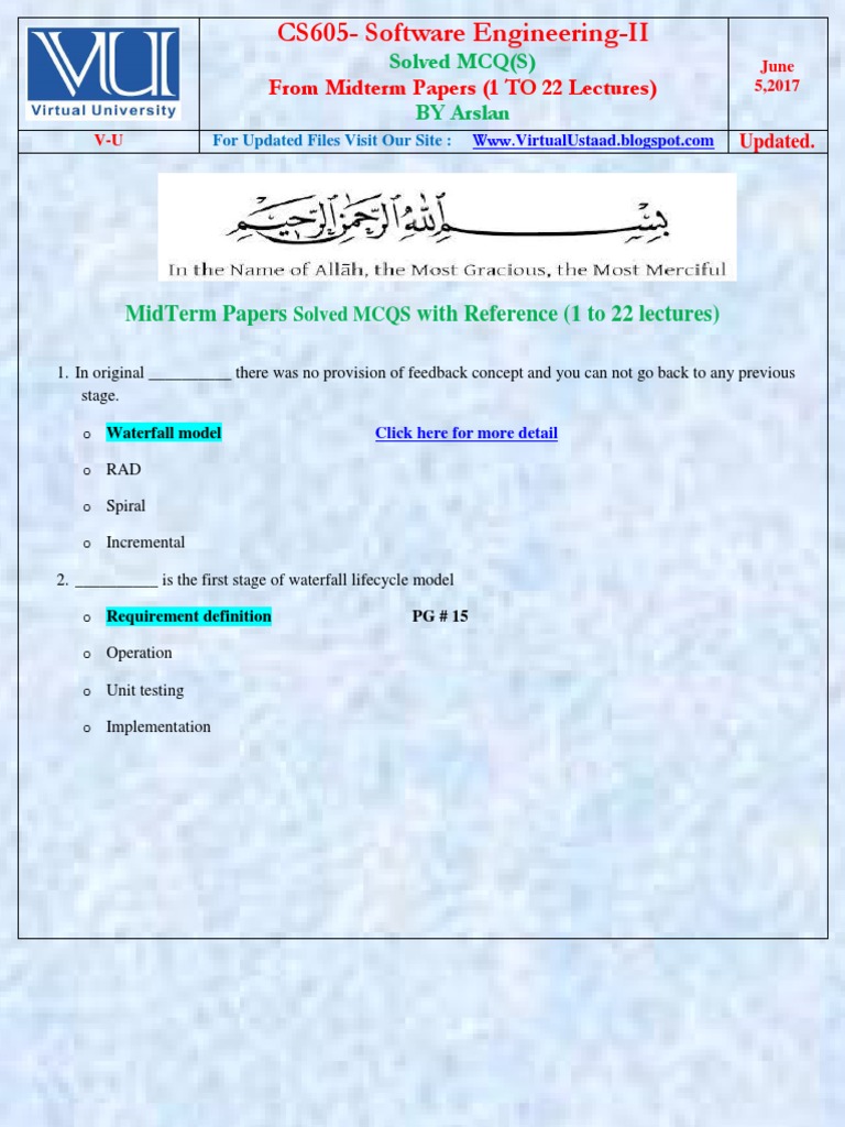 CS605-MidTerm MCQs With Reference Solved by Arslan | PDF | Software Development | Risk