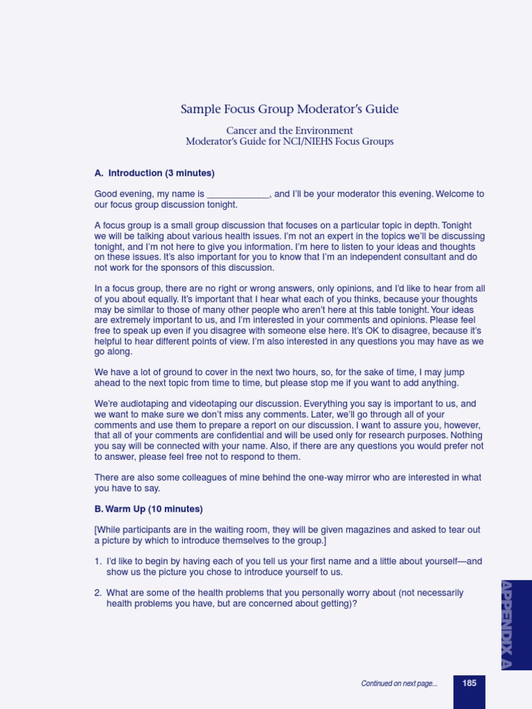 Sample Focus Group Moderator's Guide | PDF | Focus Group | Cancer
