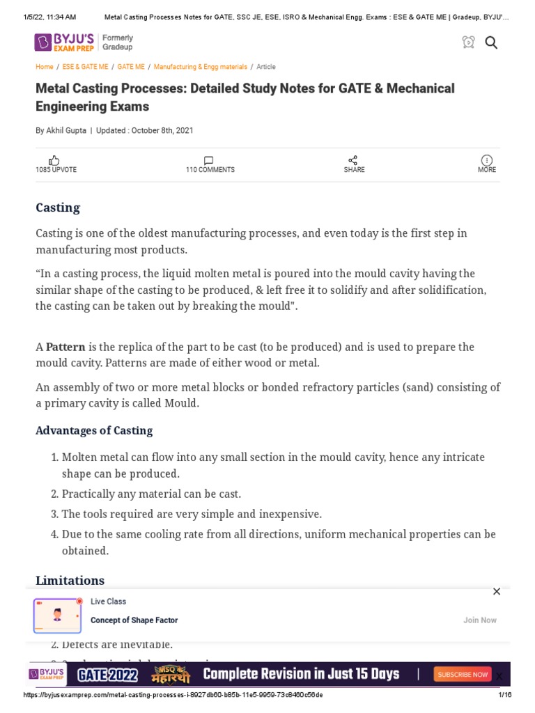 Metal Casting Processes Notes | PDF | Casting (Metalworking) | Building ...