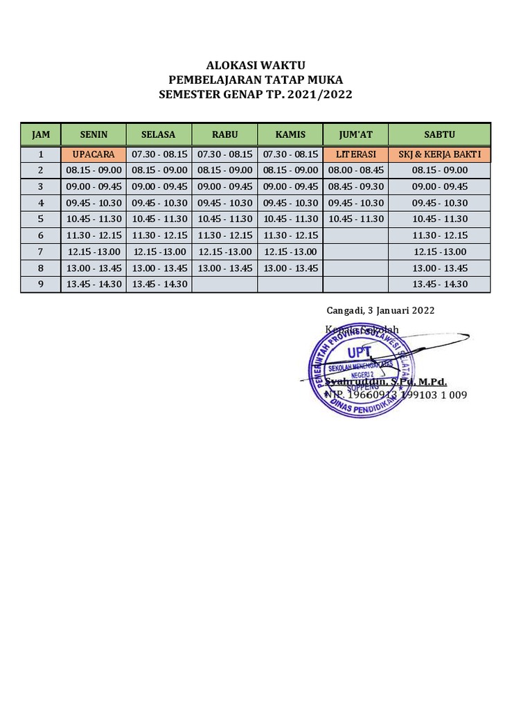 Alokasi Waktu Pembelajaran Tatap Muka SEMESTER GENAP TP. 2021/2022 | PDF