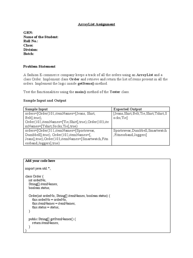 Arraylist Assignment GRN: Name of The Student: Roll No.: Class: Division: Batch | PDF | Computer ...
