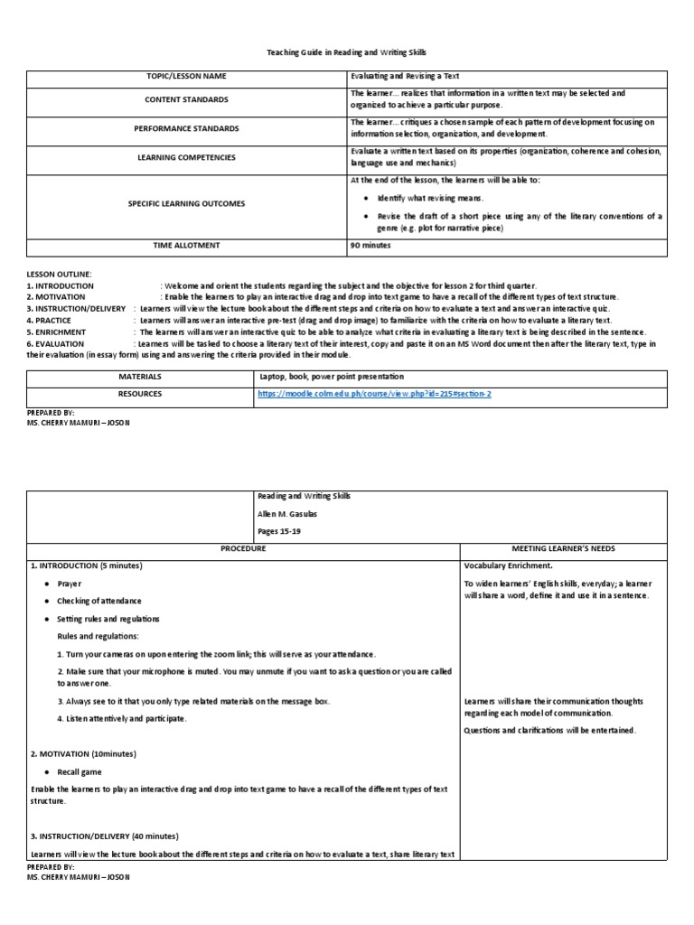 Evaluating and Revising Texts Guide | PDF | Learning | Teaching