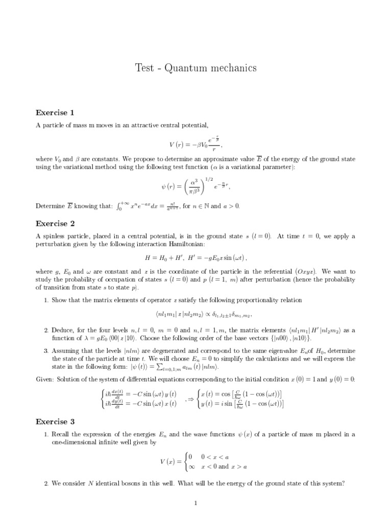 Quantum Mechanics Test Exercises | PDF | Spin (Physics) | Perturbation ...