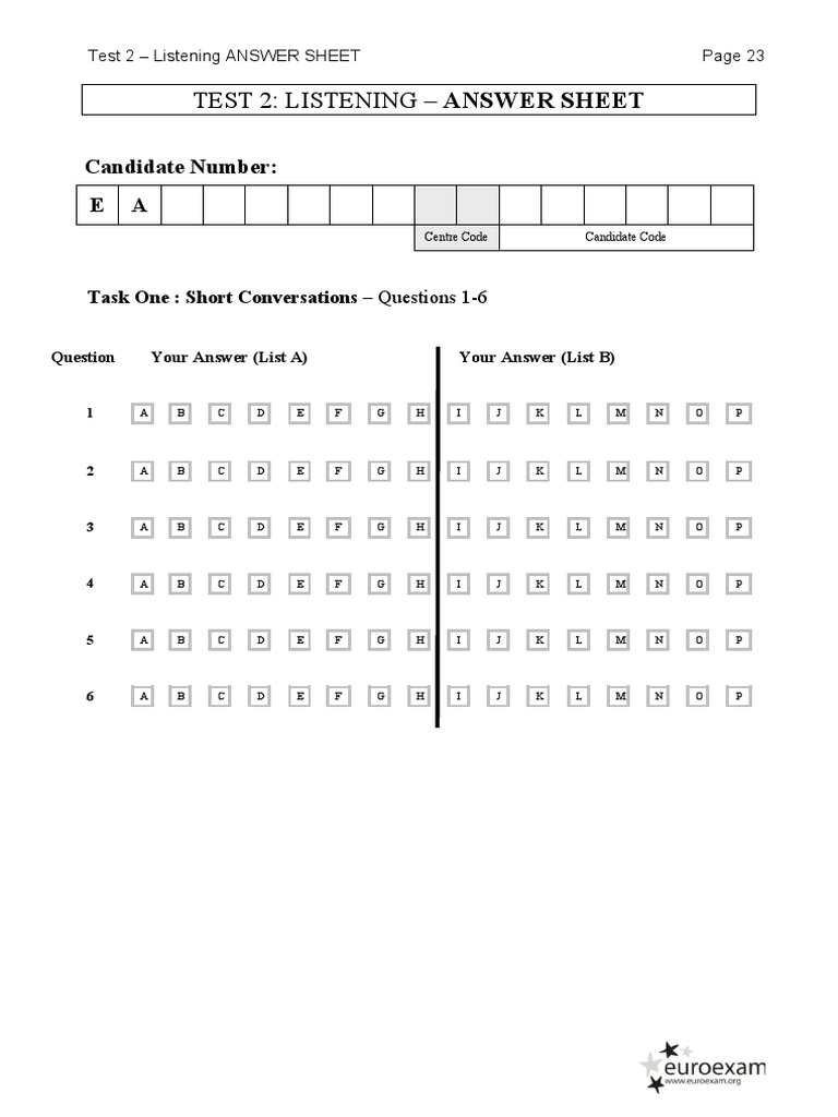 Listening Test 2 Answer Sheet | PDF