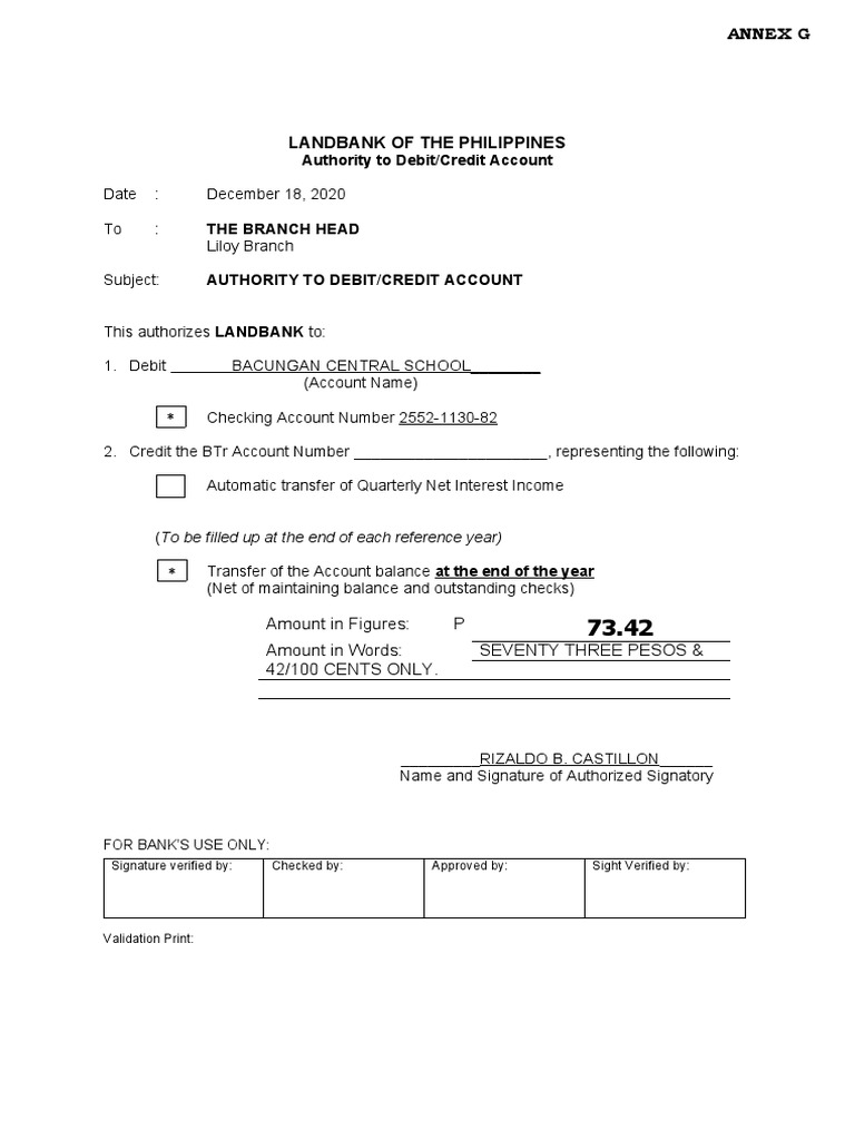 Annex G Authority To Transfer Funds To BTR LANDBANK | PDF