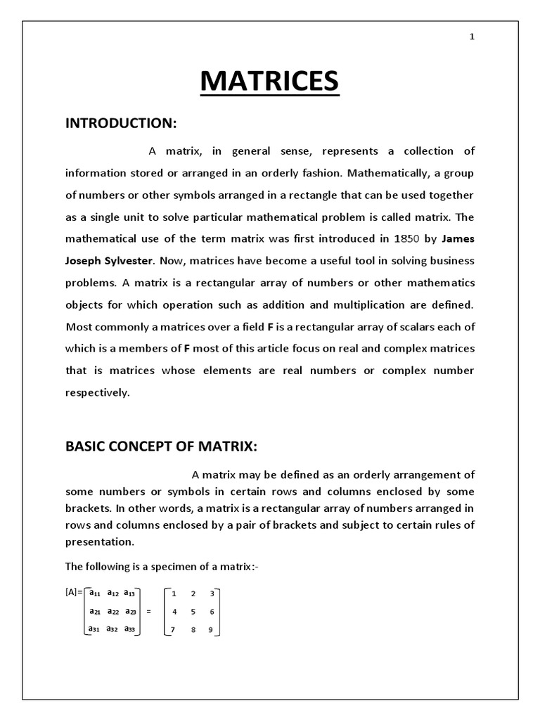 Matrices: Joseph Sylvester. Now, Matrices Have Become A Useful Tool in Solving Business | PDF ...