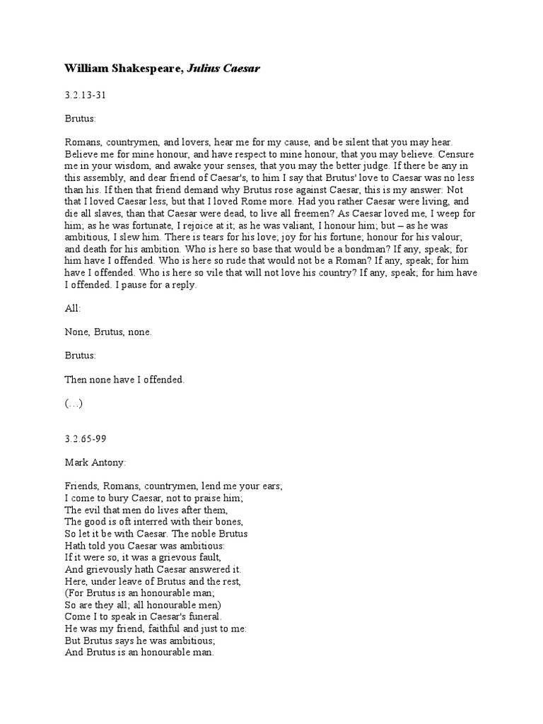 Brutus and Antony's Funeral Speeches | PDF | Julius Caesar