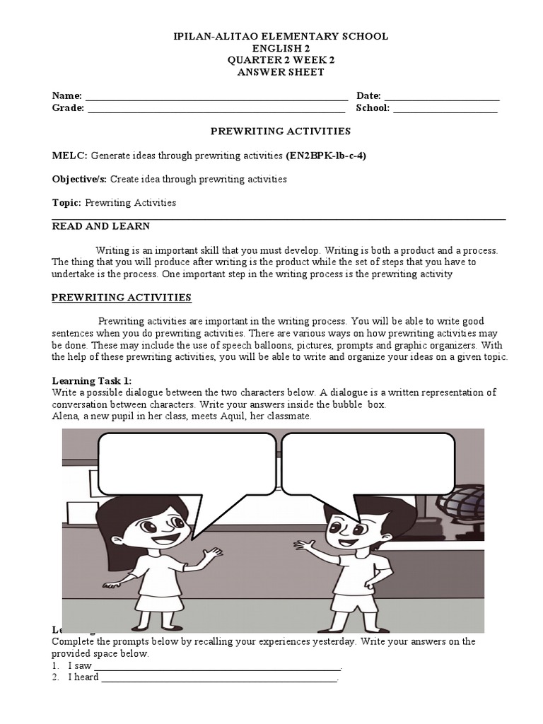 Prewriting Activities for Grade 2 English | PDF | Human Communication ...