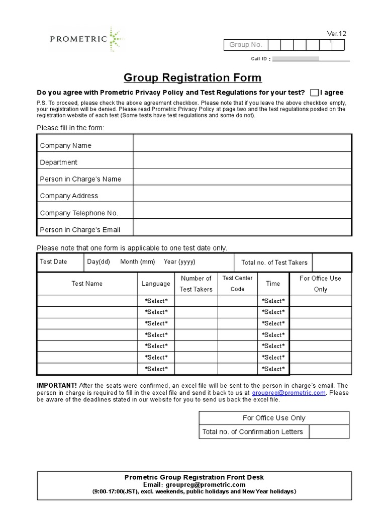 Group Registration Form: Do You Agree With Prometric Privacy Policy and ...