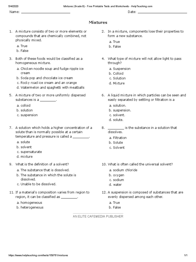 Mixtures (Grade 8) - Free Printable Tests and Worksheets | PDF ...