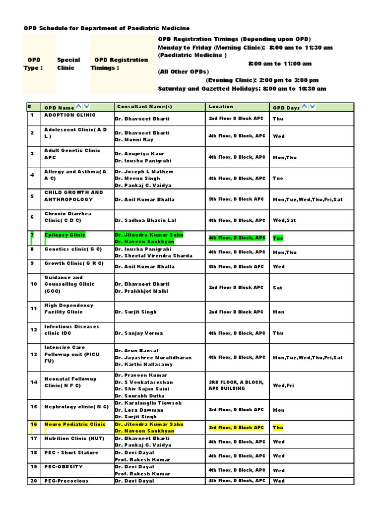 OPD Schedule Doctors | PDF | Pediatrics | Children's Health