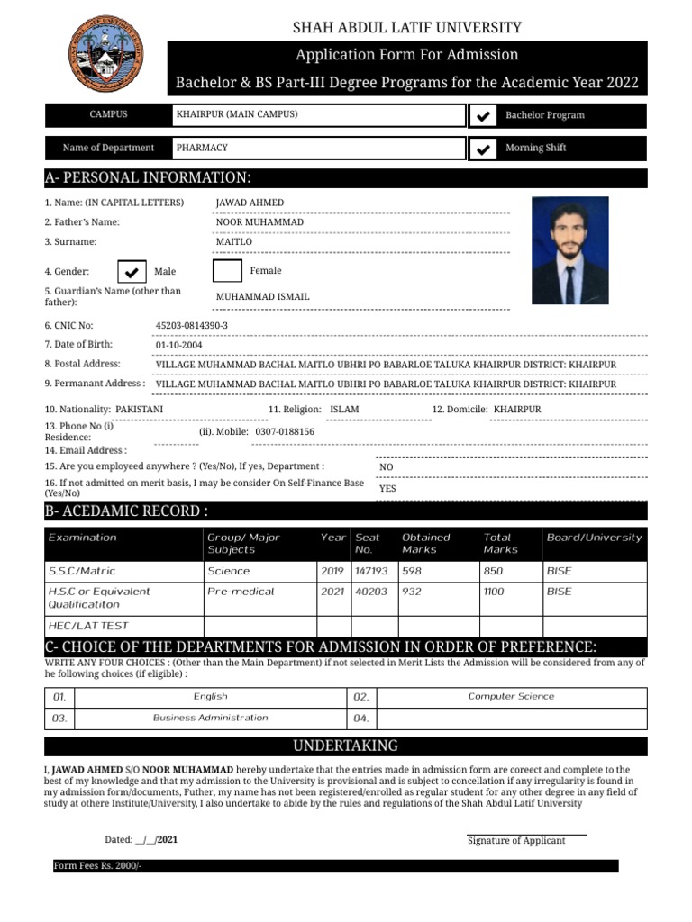 Application Form For Admission Bachelor & BS Part-III Degree Programs For The Academic Year 2022 ...