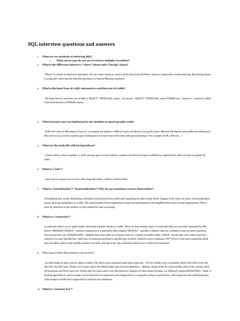 Sql Interview Questions And Answers Pdf Relational Database Database Index