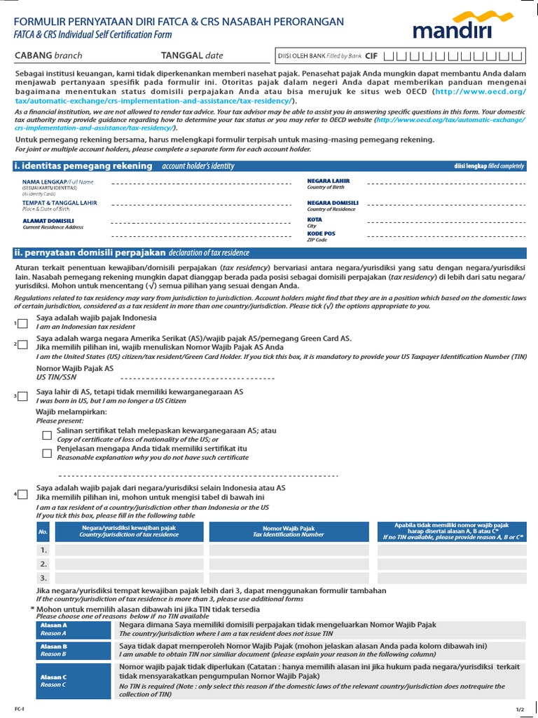 Form Fatca & Crs Nasabah - Individu | PDF