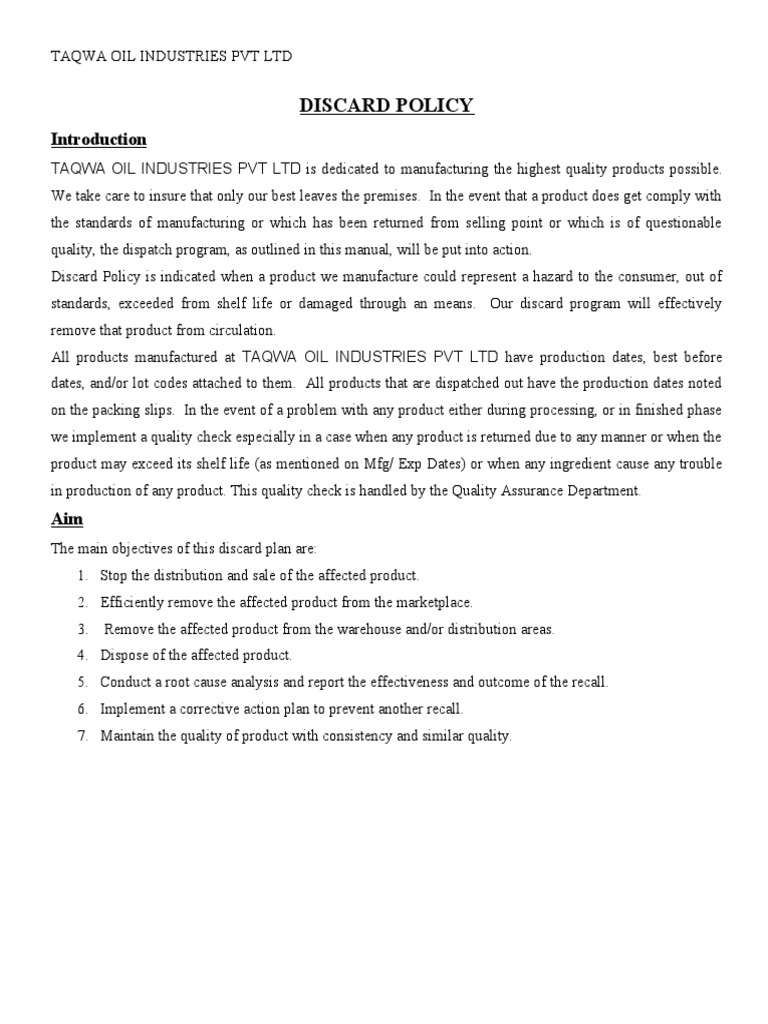 Discard Policy | PDF | Foods | Shelf Life