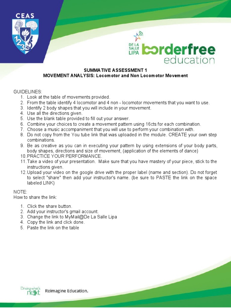 Summative Assessment 1 MOVEMENT ANALYSIS: Locomotor and Non Locomotor ...