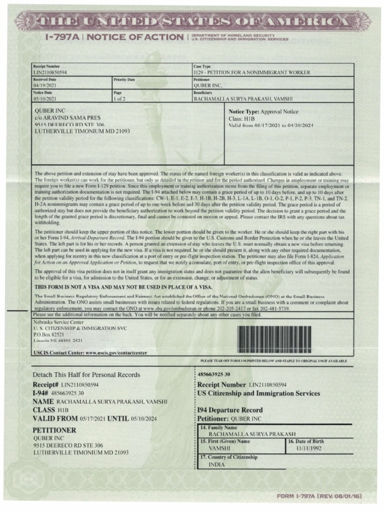 I797A - Quber Inc - Vamshi - 2021 | PDF