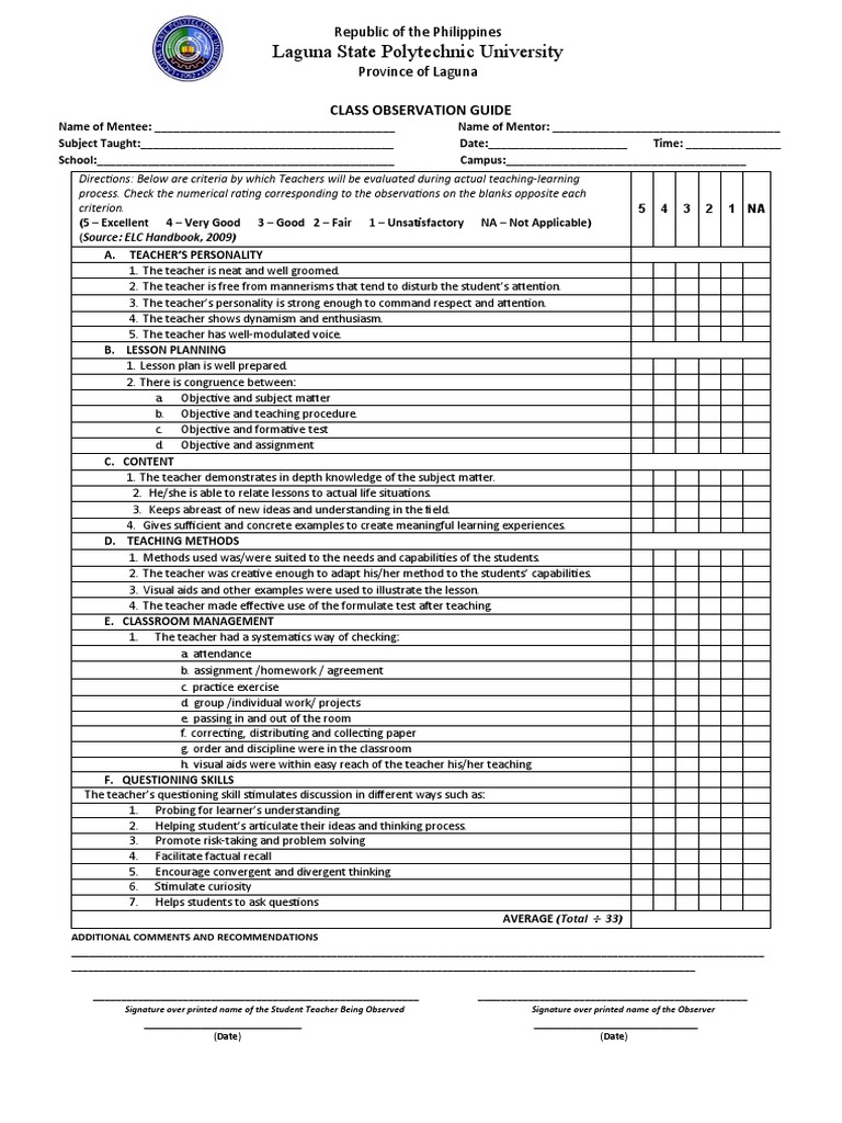 Laguna State Polytechnic University: Class Observation Guide | PDF ...