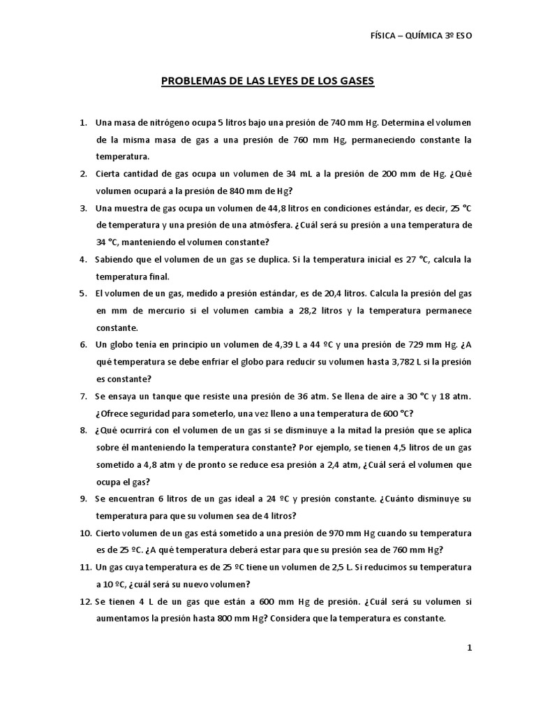 Problemas de Las Leyes de Los Gases | PDF | Gases | Presión