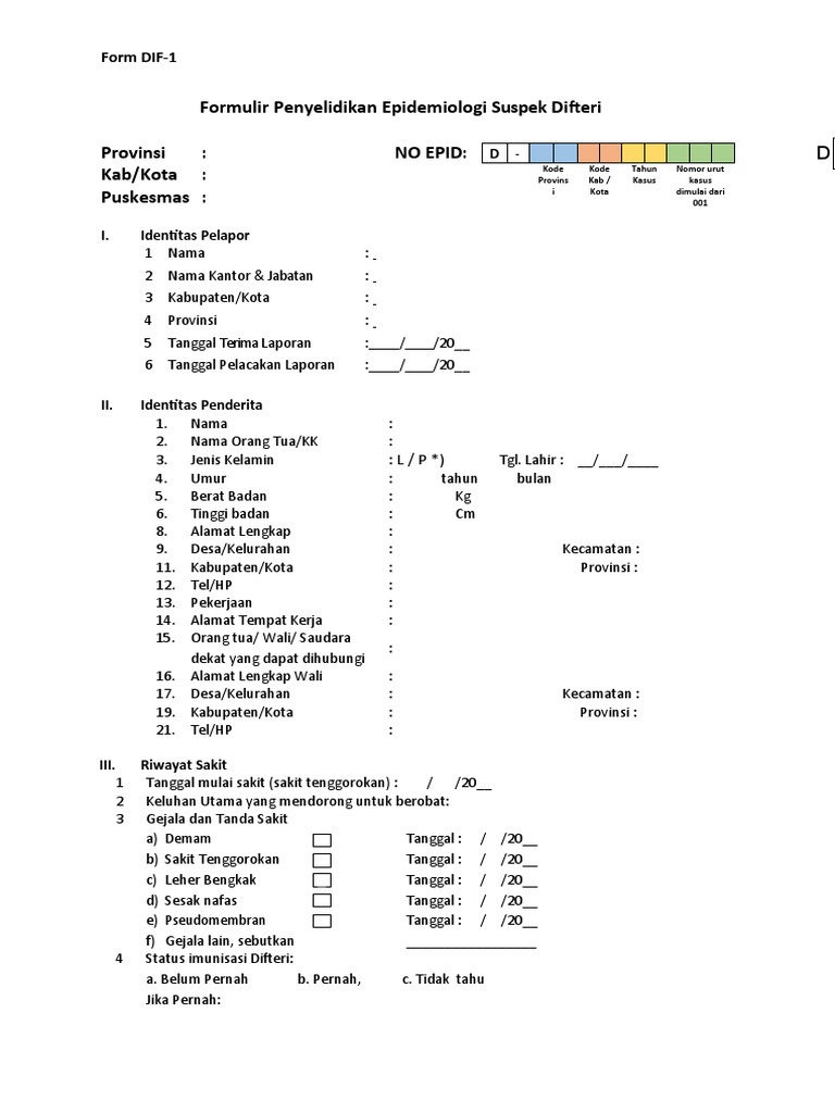 Form DIF-1 - Formulir Penyelidikan Epidemiologi Difteri | PDF