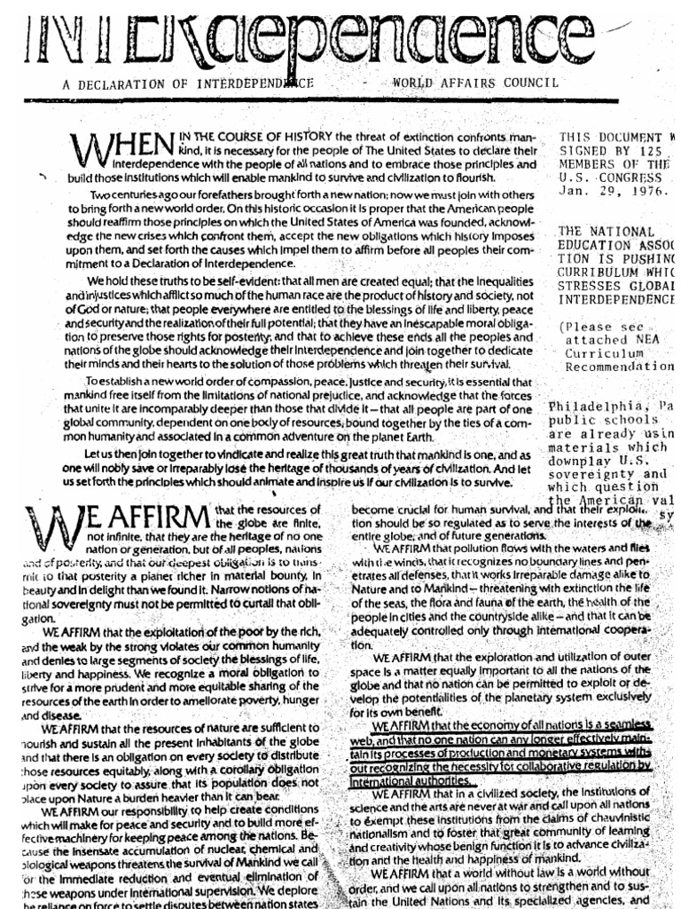 Declaration of Interdependence Steele 1976 2pgs GOV POL | PDF