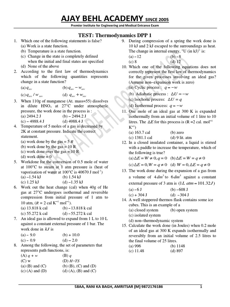 Ajay Behl Academy: TEST: Thermodynamics DPP 1 | PDF | Classical ...