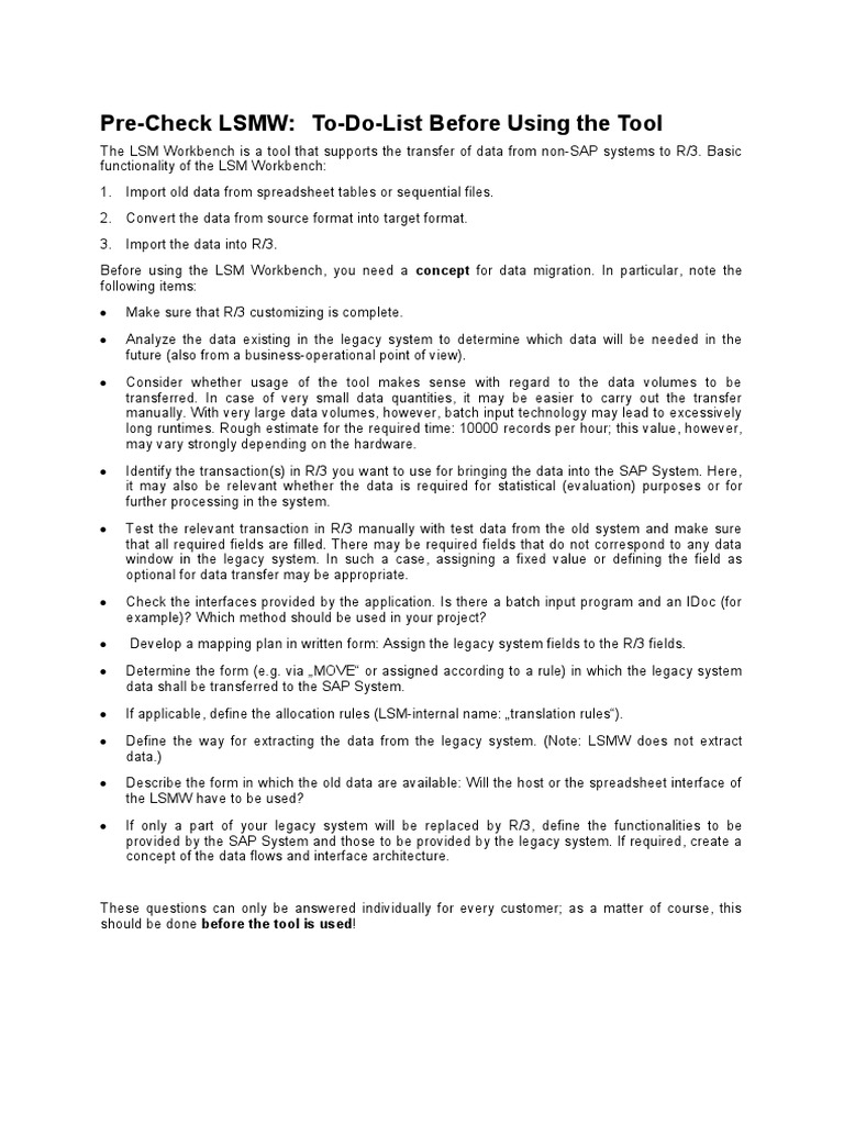 Pre-Check LSMW: To-Do-List Before Using The Tool | PDF | Data | System