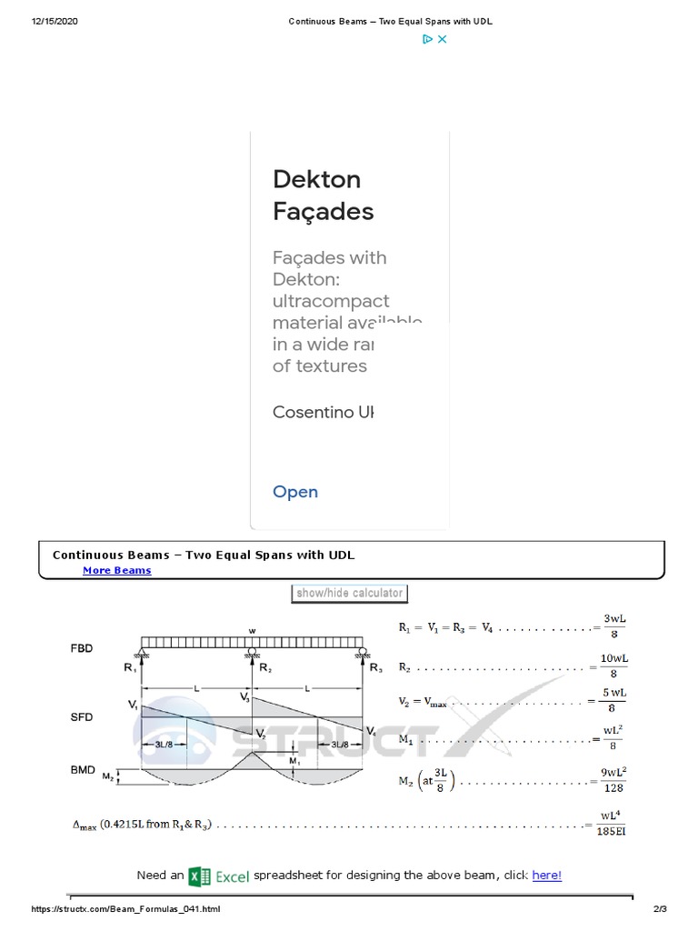 Deflection Continuous Beams - Two Equal Spans With UDL | PDF | Bending | Beam (Structure)