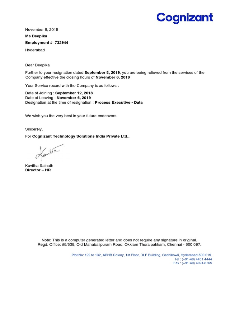 Resignation Letter Process Executive Data Cognizant Hyderabad | PDF