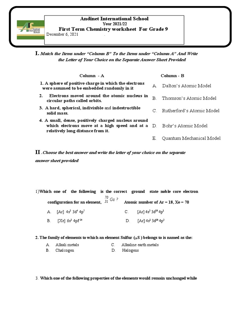 Worksheet II For Grade 9 | PDF | Periodic Table | Chemical Elements