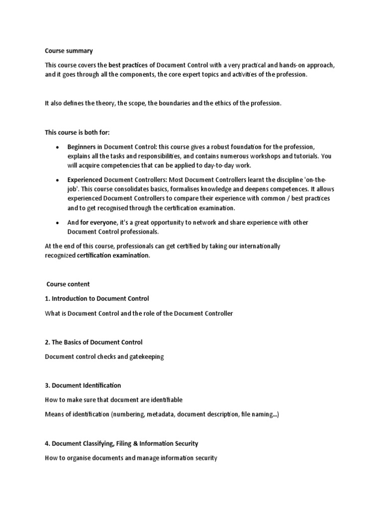 DOCUMENT CONTROL Course Summary | PDF | Information Security | Profession