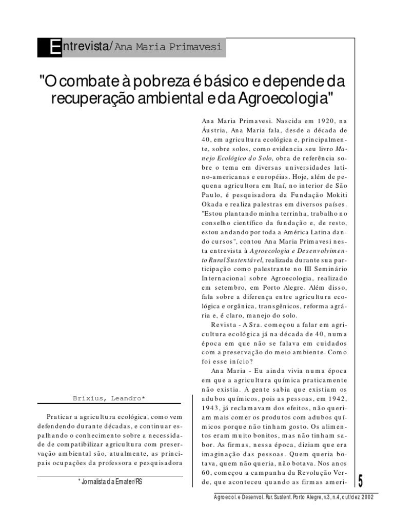 Entrevista Ana Primavesi | PDF | Agroecologia | Agricultura