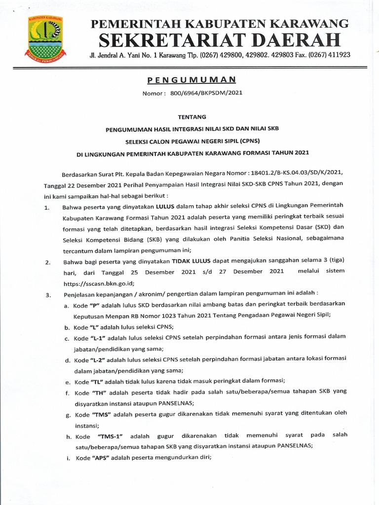 Pengumuman Hasil Integrasi Nilai SKD Dan Nilai SKB Cpns 2021 Karawang | PDF