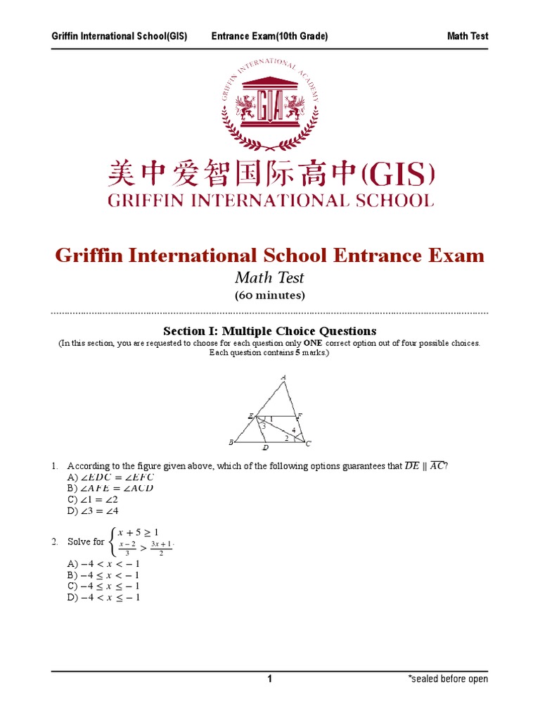 GIS Entrance Exam-Math Test (10th Grade) | PDF | Area | Circle