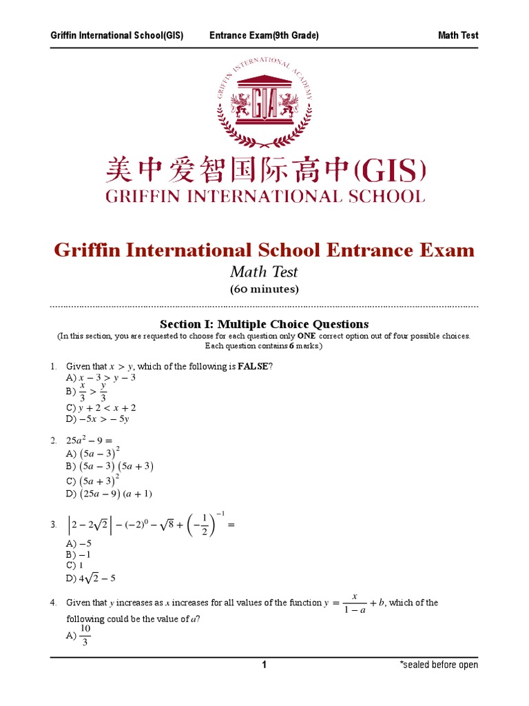 GIS Entrance Exam-Math Test (9th Grade) - English | PDF | Area ...