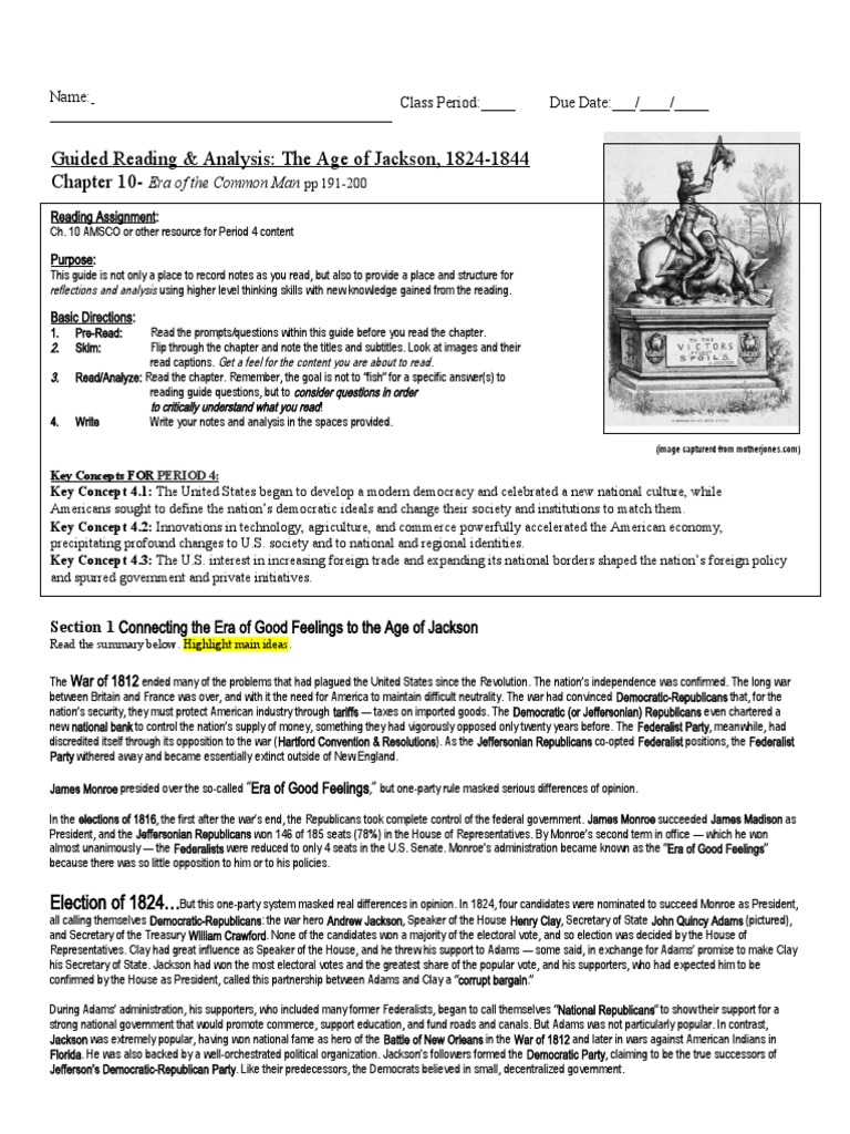 Guided Reading & Analysis: The Age of Jackson, 1824-1844 Chapter 10 ...