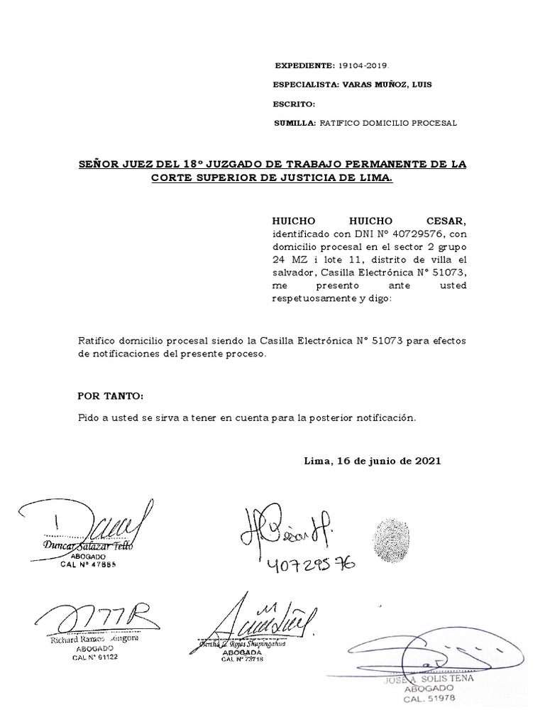 Escrito Ratifico Domicilio Procesal | PDF