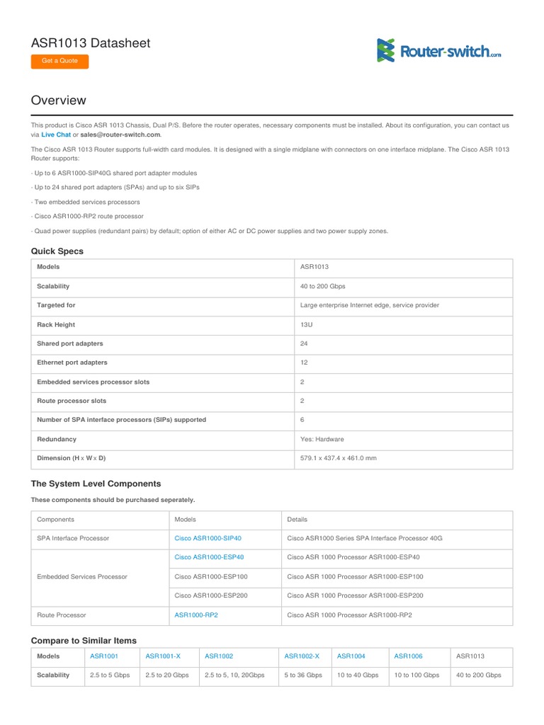 ASR1013 Datasheet: Quick Specs | PDF | Router (Computing) | Ethernet