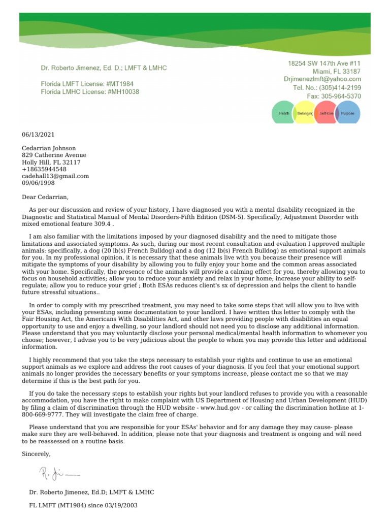 Emotional Support Animal Approval Letter | PDF | Mental Disorder ...