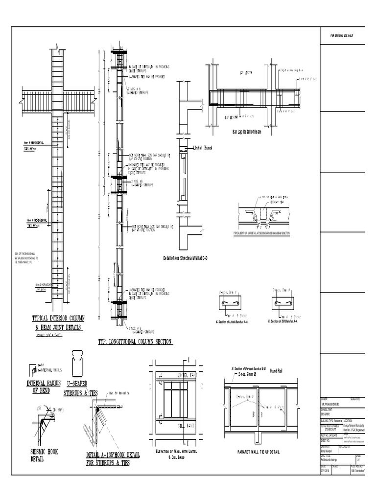 Bar Lap Detail of Beam: Parapet Wall Tie-Up Detail Elevation of Wall ...