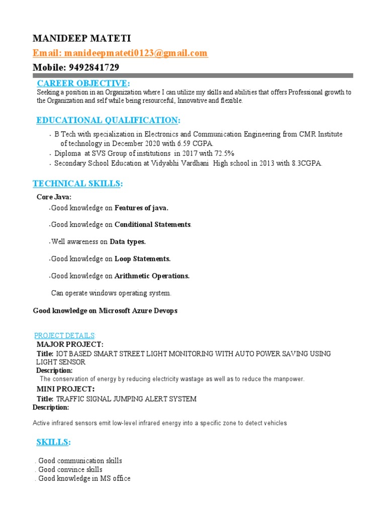 Manideep Mateti Mobile: 9492841729: Career Objective | PDF