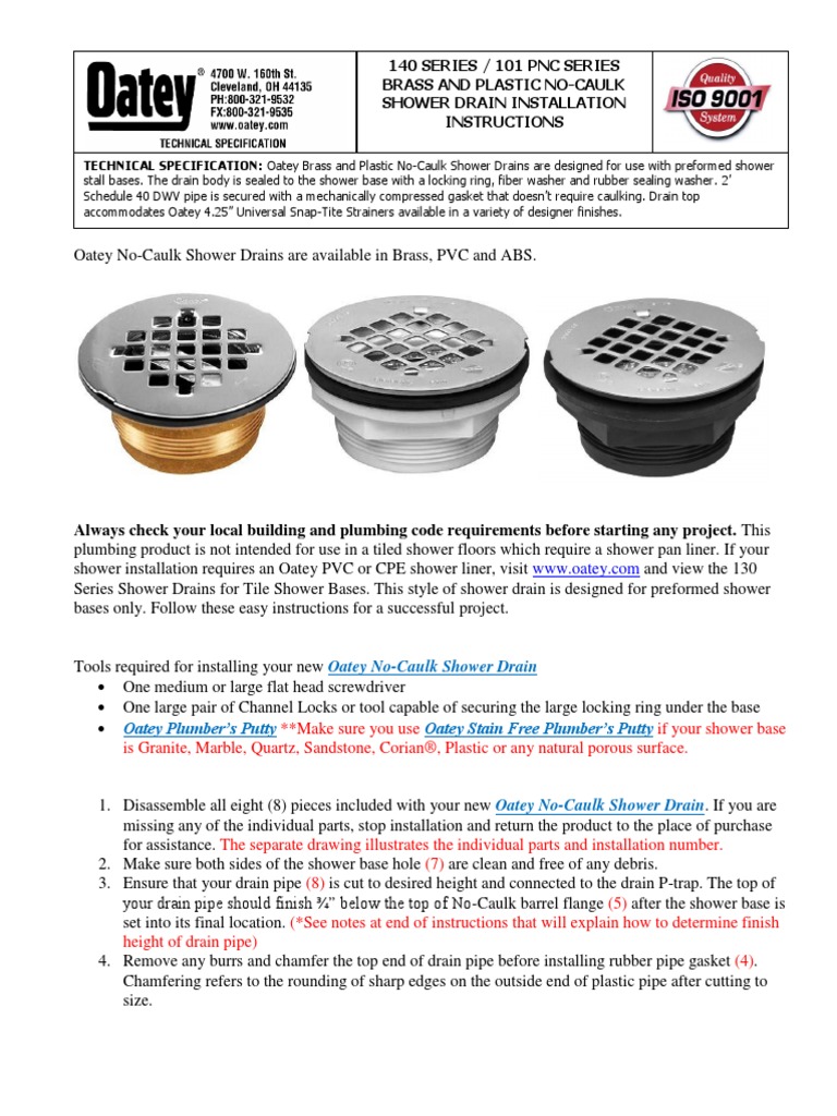Oatey No Caulk Shower Drain Guide Pdf Pipe Fluid Conveyance