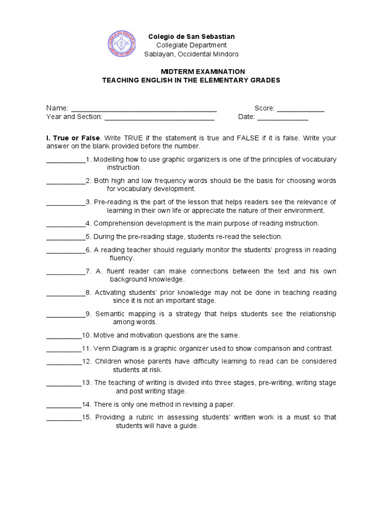 Mid Term Exam Teaching English in The Elem | PDF | Reading ...