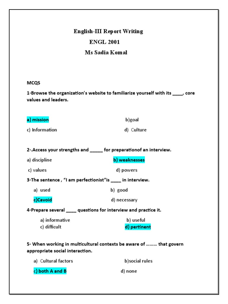 MCQs Report Writing | PDF | Interview | Communication