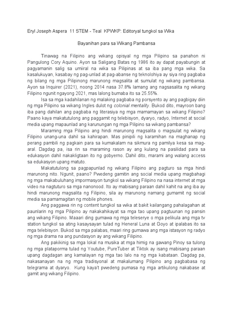 Editoryal Sa Filipino | PDF