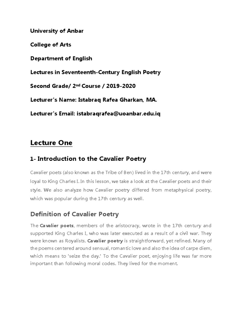 Lecture One: Introduction To The Cavalier Poetry | PDF | Classics ...